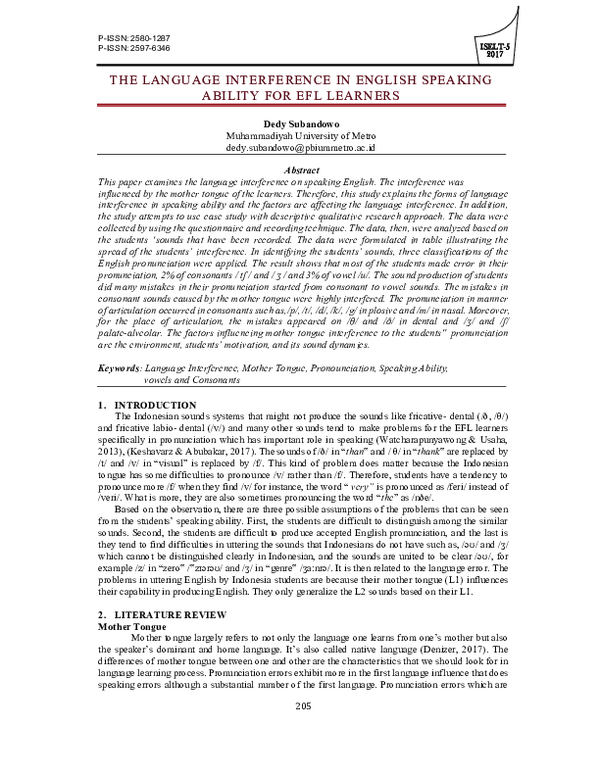 (PDF) The Language Interference in English Speaking Ability for Efl ...