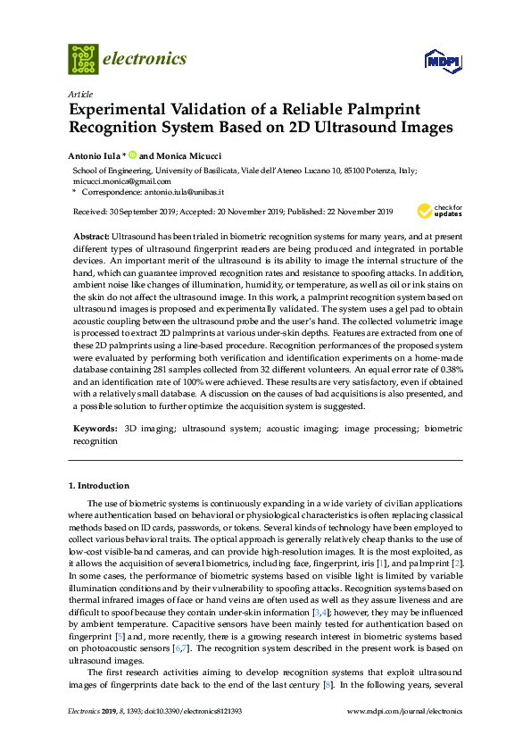 Pdf Experimental Validation Of A Reliable Palmprint Recognition System Based On 2d Ultrasound