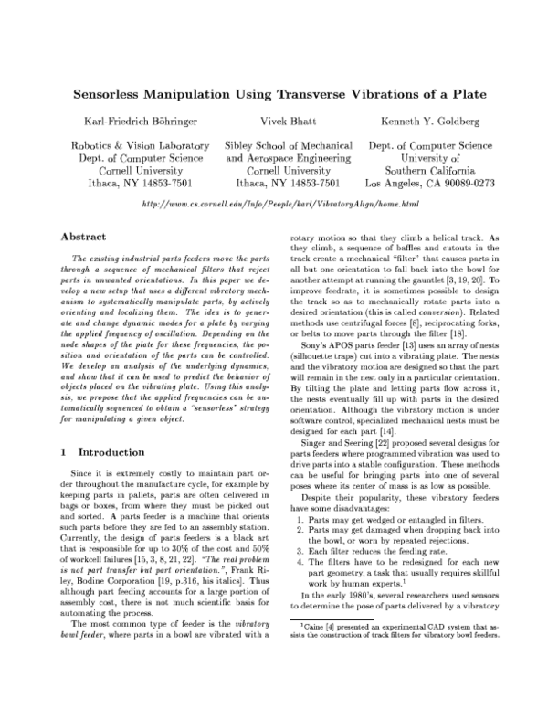 (PDF) Sensorless manipulation using transverse vibrations of a plate