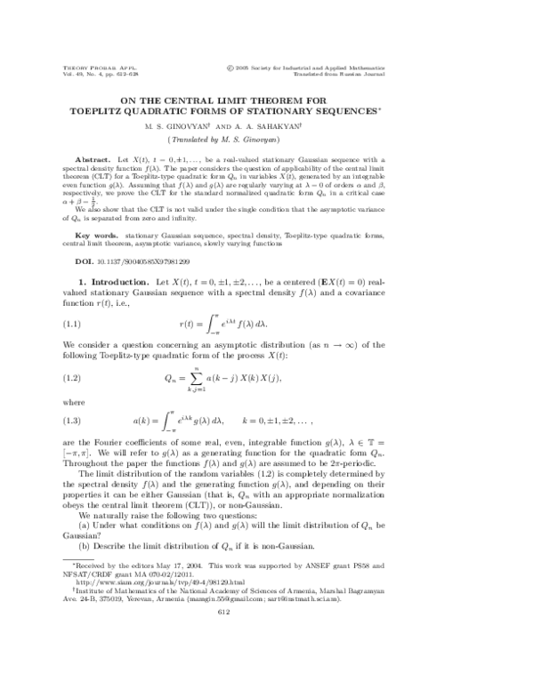 (PDF) On the Central Limit Theorem for Toeplitz Quadratic Forms