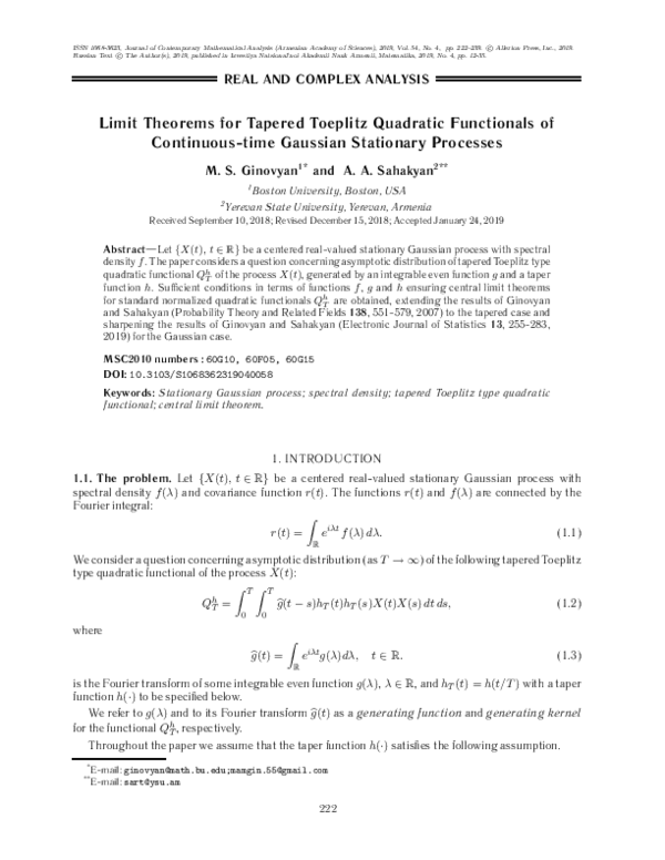 Pdf Limit Theorems For Tapered Toeplitz Quadratic Functionals Of