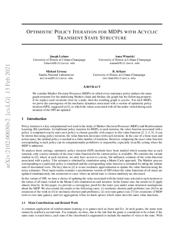 (PDF) Optimistic Policy Iteration for MDPs with Acyclic Transient State Structure
