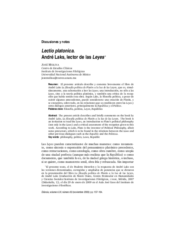 (PDF) Lectio platonica. André Laks, lector de las Leyes