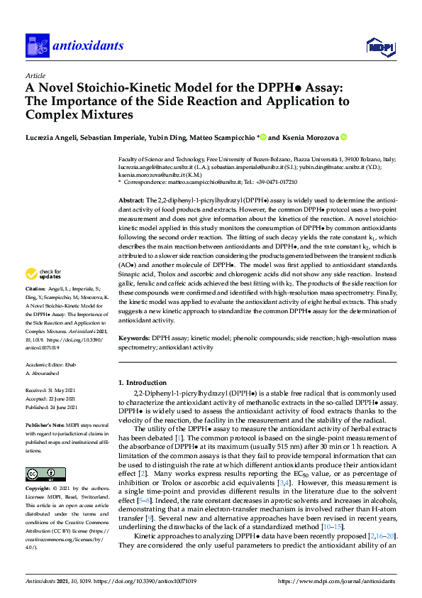 (PDF) A Novel Stoichio-Kinetic Model for the DPPH• Assay: The Importance of the Side Reaction ...