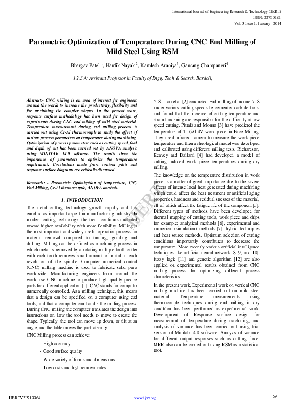 (PDF) Parametric Optimization of Temperature During CNC End Milling of Mild Steel Using RSM