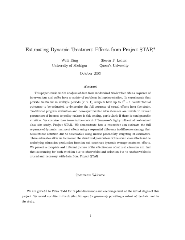(PDF) Estimating Dynamic Treatment Effects from Project STAR