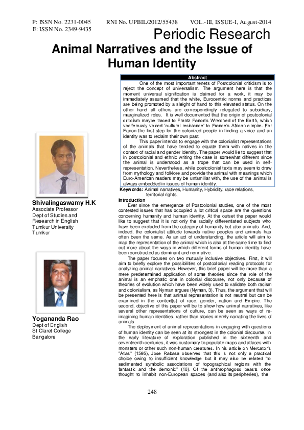 (PDF) Animal Narratives and the Issue of Human Identity Please Send