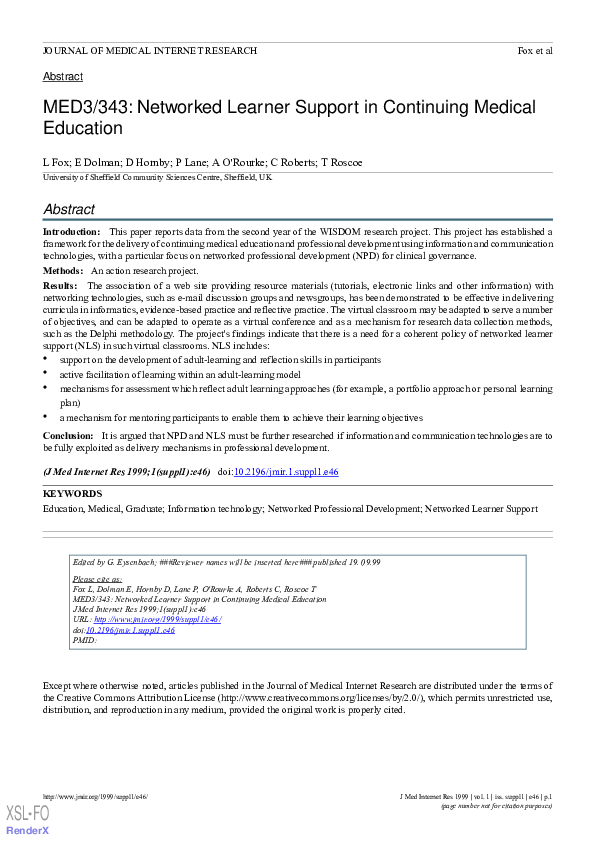 (PDF) MED3/343: Networked Learner Support in Continuing Medical Education
