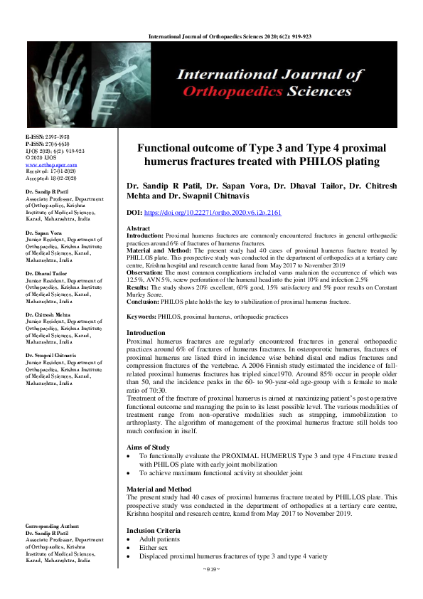 (PDF) Functional outcome of Type 3 and Type 4 proximal humerus fractures treated with PHILOS ...