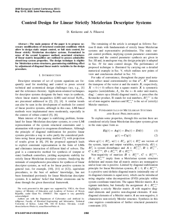 (PDF) Control Design for Linear Strictly Metzlerian Descriptor Systems