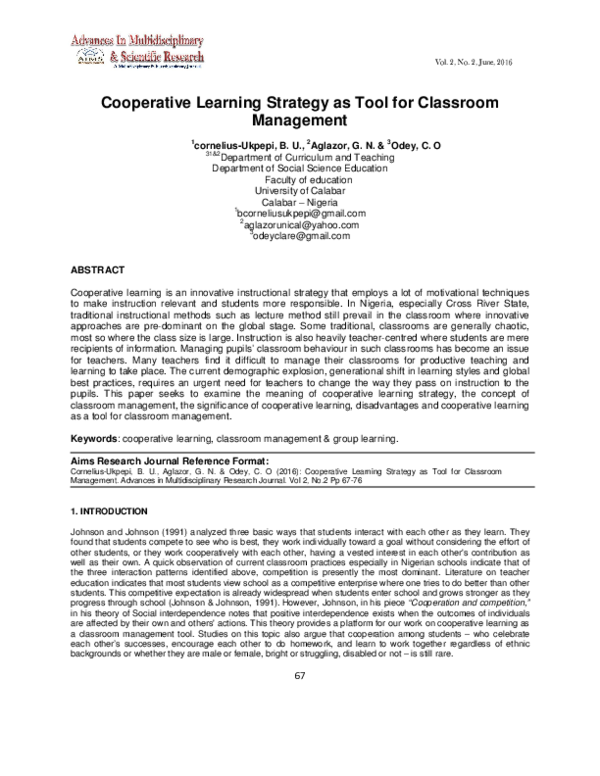 (PDF) Cooperative Learning Strategy as Tool for Classroom Management 1