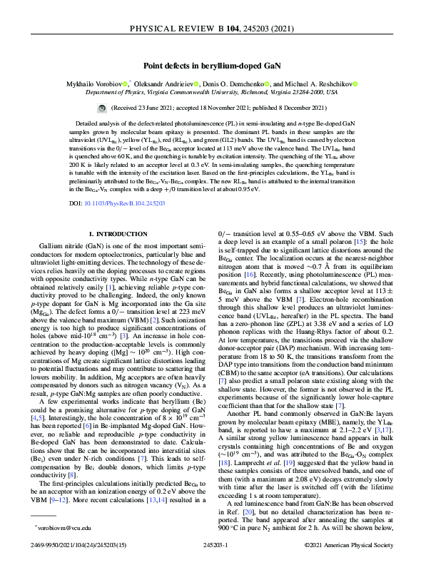 (PDF) Point defects in beryllium-doped GaN