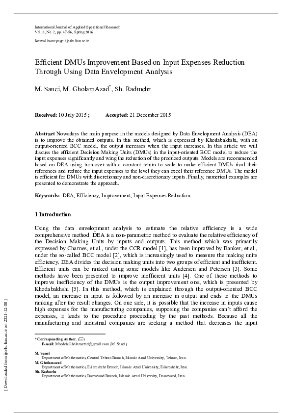 (PDF) Efficient DMUs Improvement Based on Input Expenses Reduction Through Using Data ...