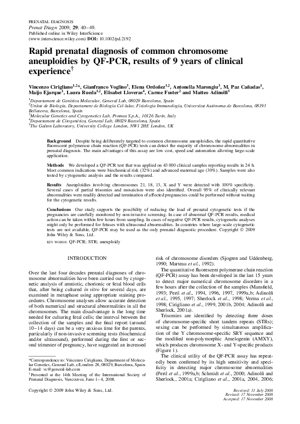 (PDF) Rapid prenatal diagnosis of common chromosome aneuploidies by QF ...