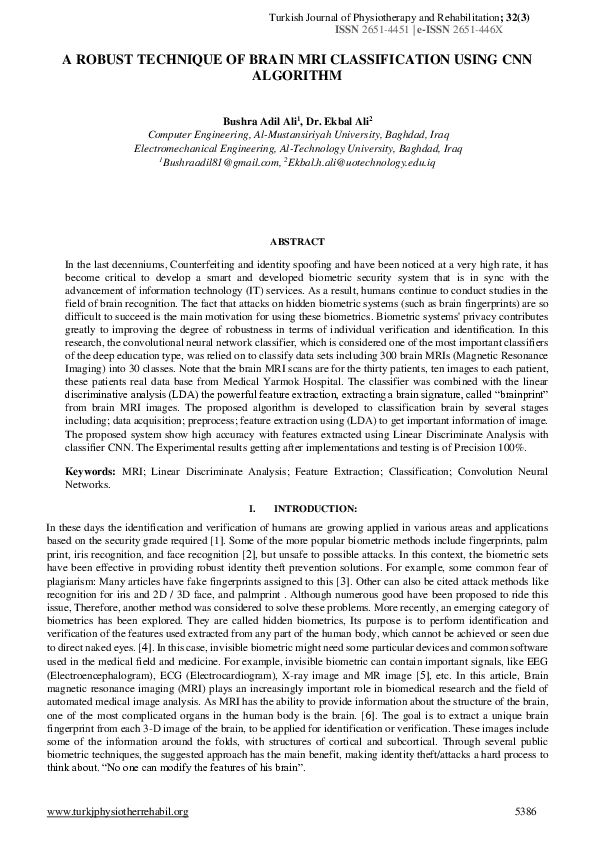 (PDF) A Robust Technique of Brain Mri Classification Using CNN Algorithm