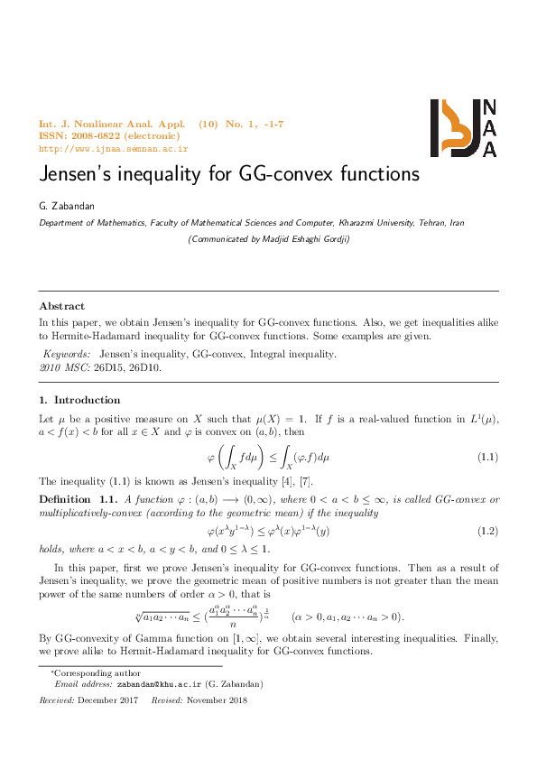 (PDF) Jensen’s Inequality for GG-Convex Functions