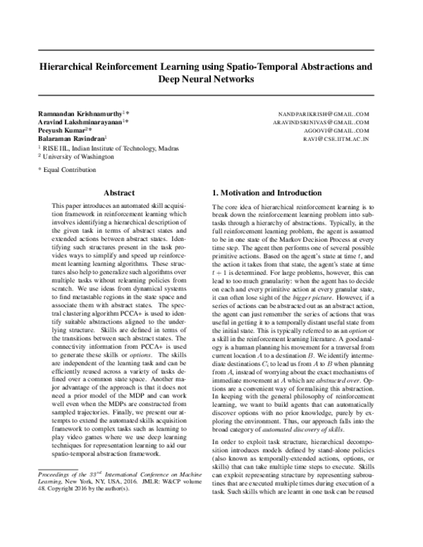 Pdf Hierarchical Reinforcement Learning Using Spatio Temporal