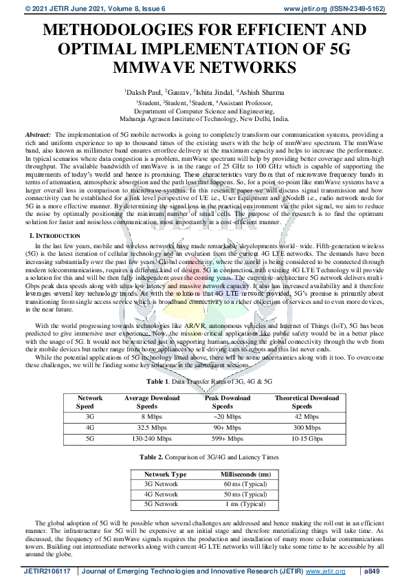(PDF) Methodologies for Efficient and Optimal Implementation of 5G