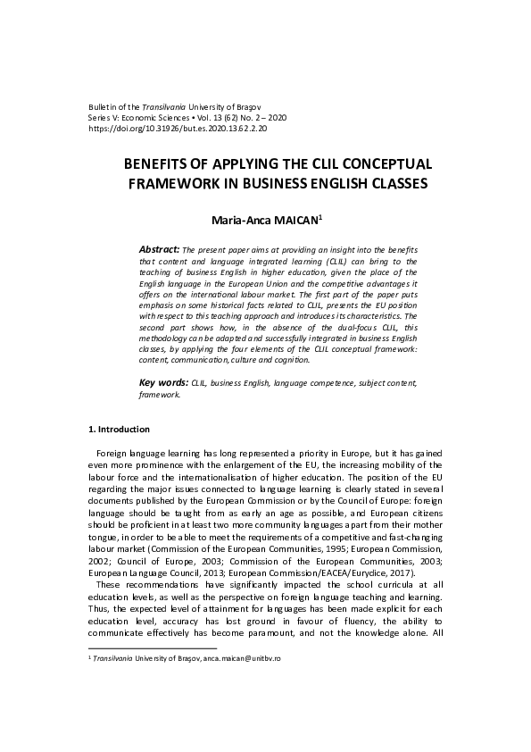 (PDF) Benefits of Applying the Clil Conceptual Framework in Business English Classes