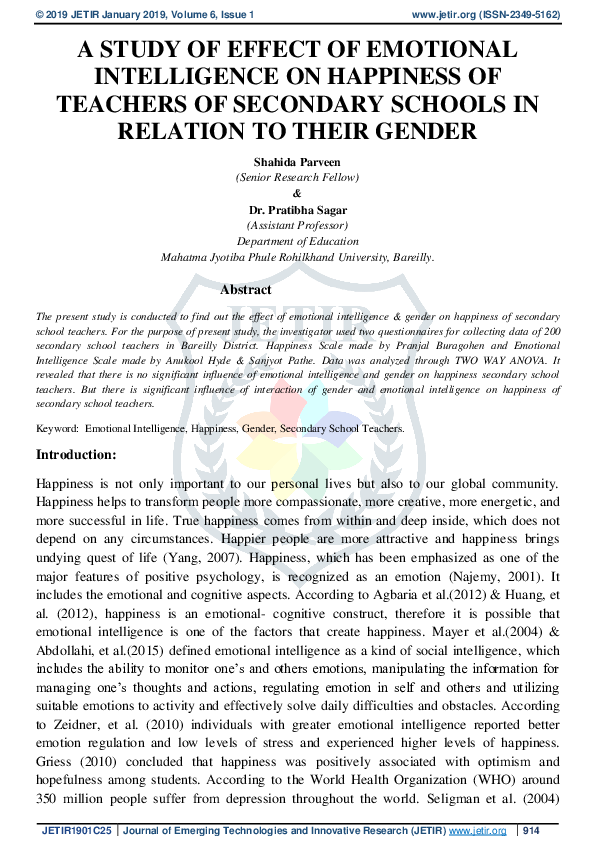 (PDF) A Study of Effect of Emotional Intelligence on Happiness of ...