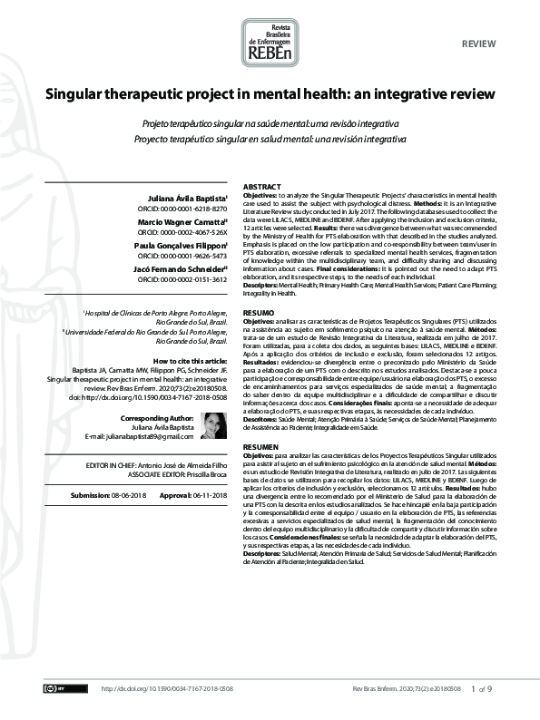 (PDF) Singular therapeutic project in mental health: an integrative review