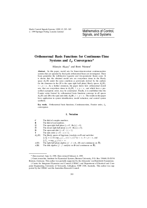 (PDF) Orthonormal basis functions for continuous-time systems and Lp convergence