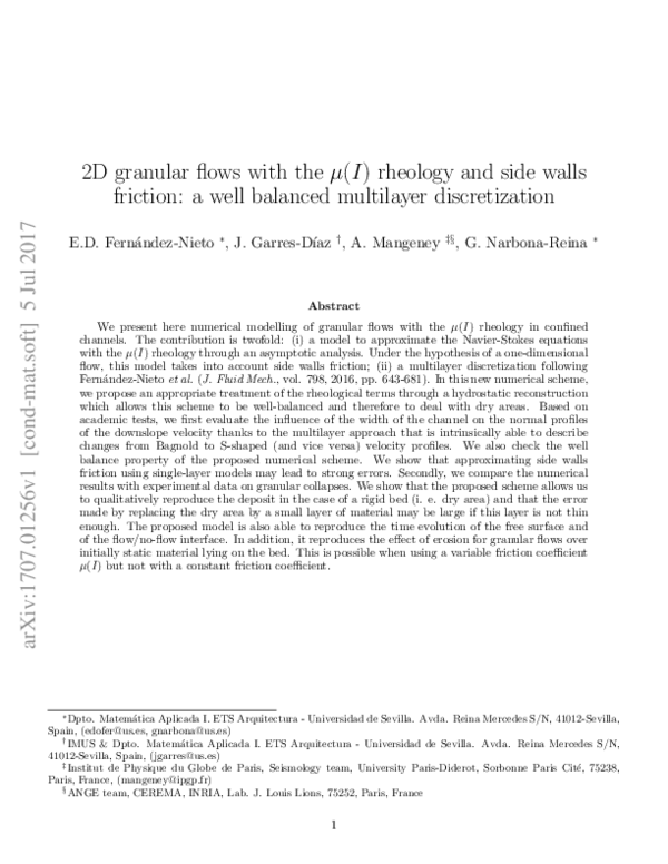 (PDF) 2D granular flows with the μ ( I ) rheology and side walls ...