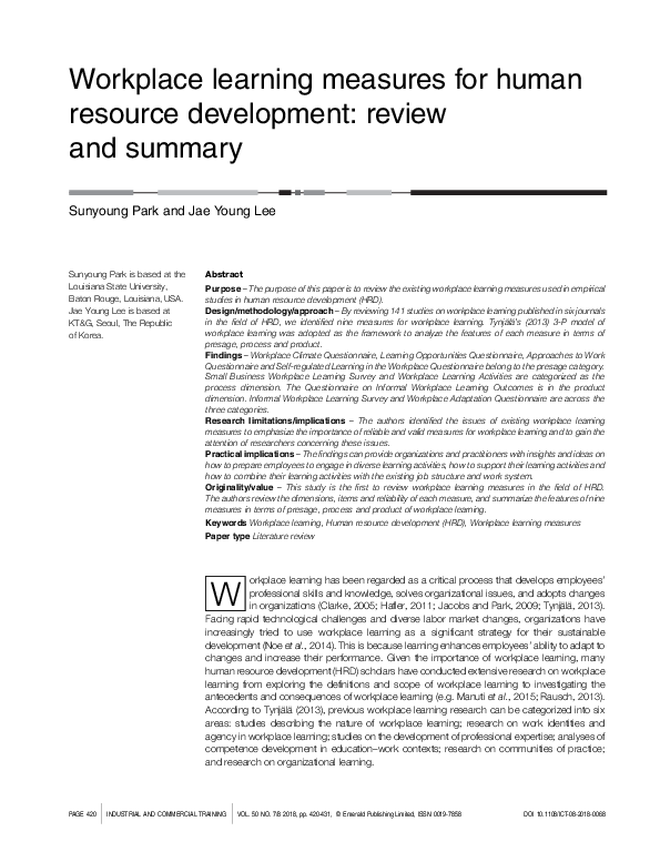 (PDF) Workplace learning measures for human resource development ...