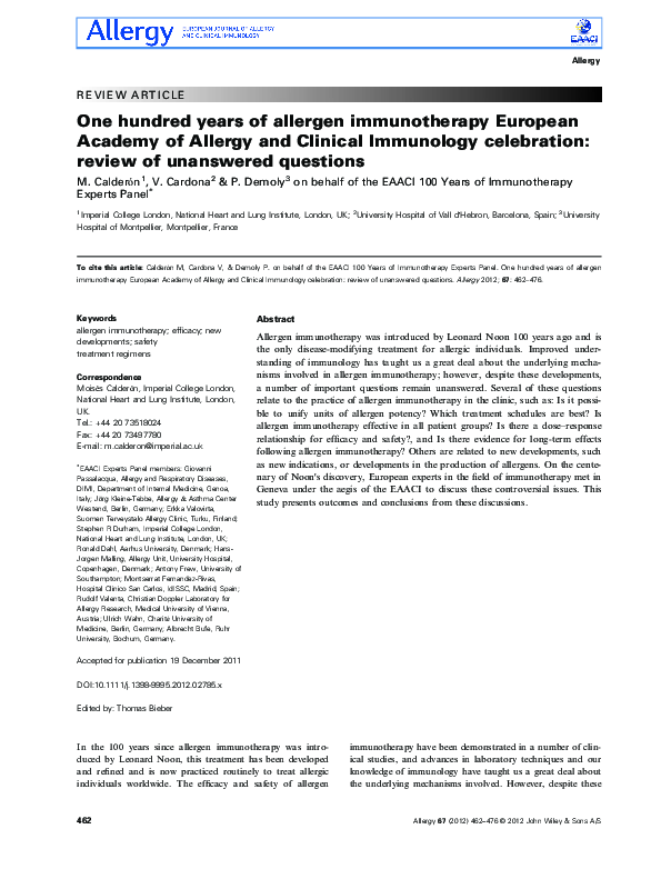 (PDF) One hundred years of allergen immunotherapy European Academy of ...