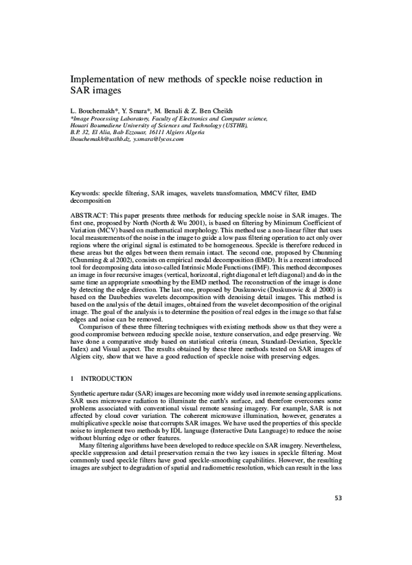 Pdf Implementation Of New Methods Of Speckle Noise Reduction In Sar Images
