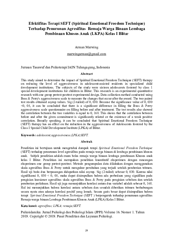 (PDF) Efektifitas Terapi Seft (Spiritual Emotional Freedom Technique ...