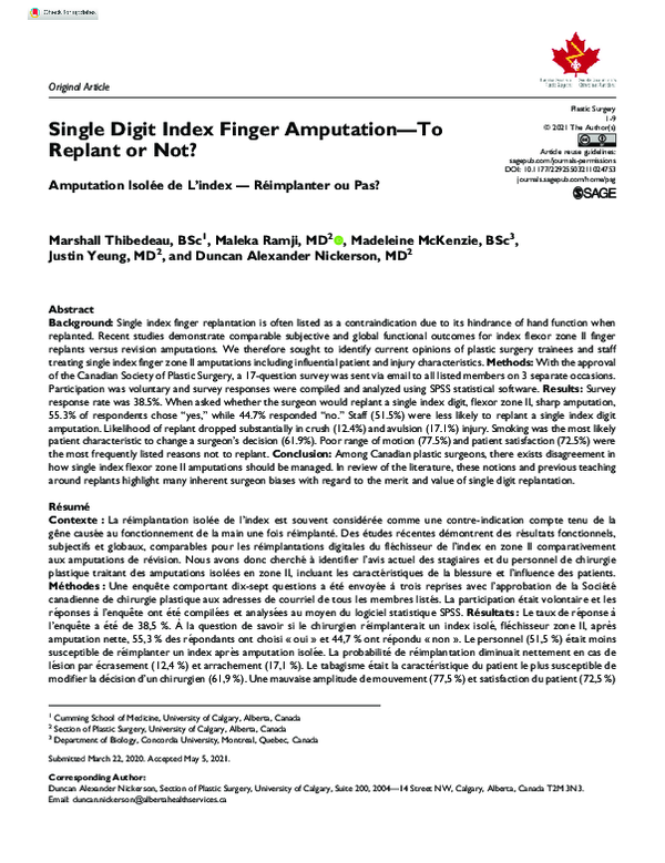 (PDF) Single Digit Index Finger Amputation—To Replant or Not?