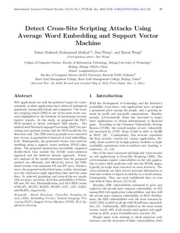 (PDF) Detect Cross-Site Scripting Attacks Using Average Word Embedding and Support Vector Machine