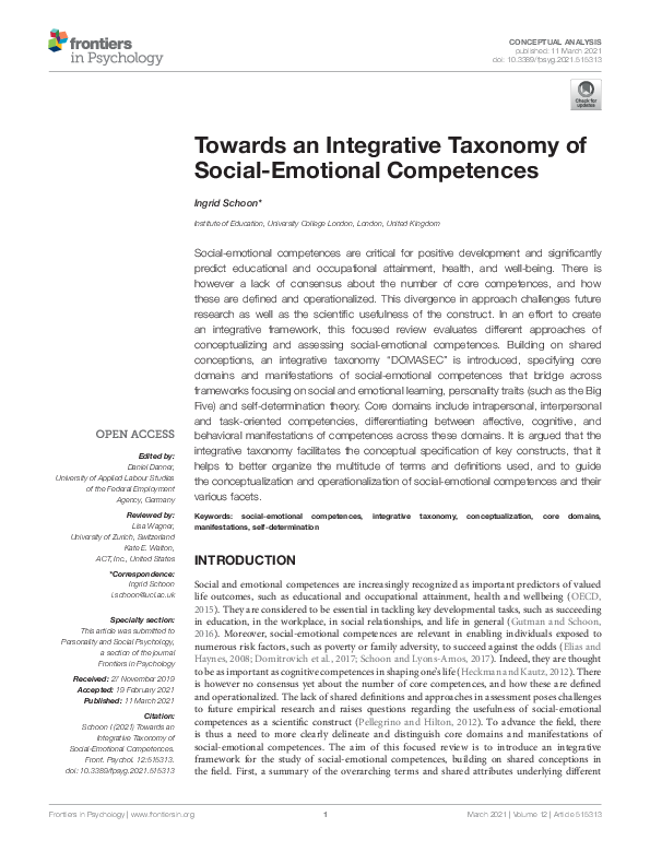 (PDF) Towards an Integrative Taxonomy of Social-Emotional Competences