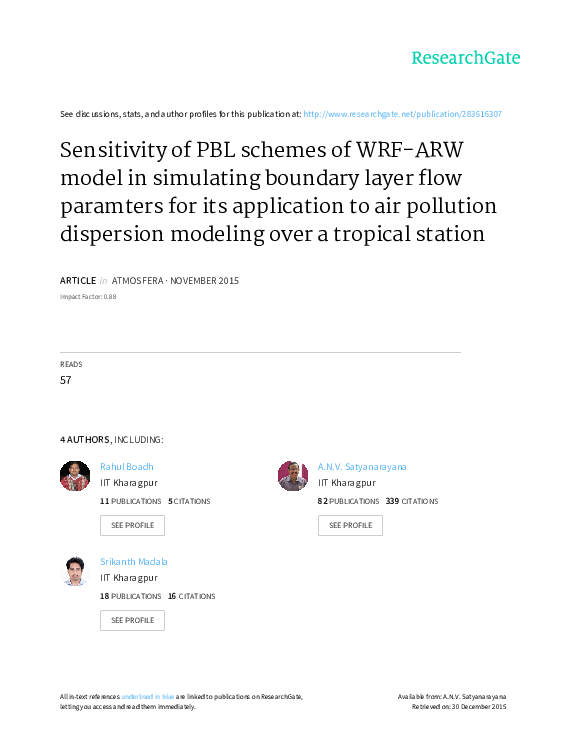 Pdf Sensitivity Of Pbl Schemes Of Wrf Arw Model In Simulating Boundary Layer Flow Parameters
