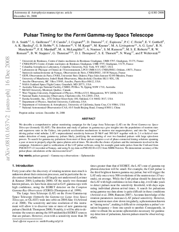 Pdf Pulsar Timing For The Fermi Gamma Ray Space Telescope
