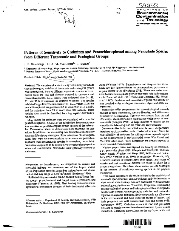 (PDF) Patterns of sensitivity to cadmium and pentachlorophenol among ...