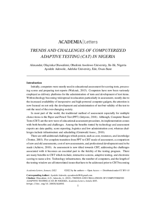 Pdf Trends And Challenges Of Computerized Adaptive Testing Cat In Nigeria