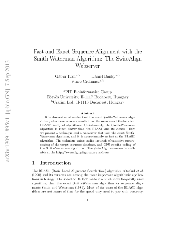 (PDF) Fast and Exact Sequence Alignment with the Smith-Waterman Algorithm: The SwissAlign Webserver