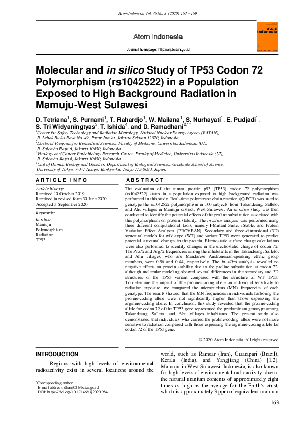 (PDF) Molecular and in silico Study of TP53 Codon 72 Polymorphism (rs1042522) in a Population ...