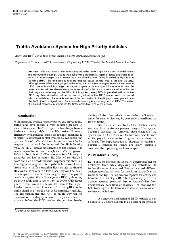 (PDF) Traffic Avoidance System for High Priority Vehicles | Sreya ...