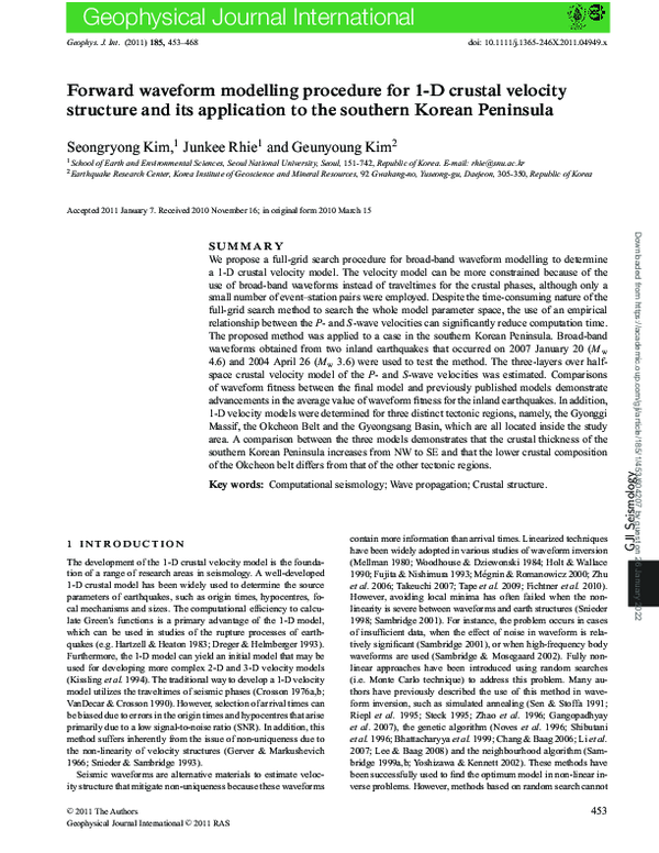 (PDF) Forward waveform modelling procedure for 1-D crustal velocity ...