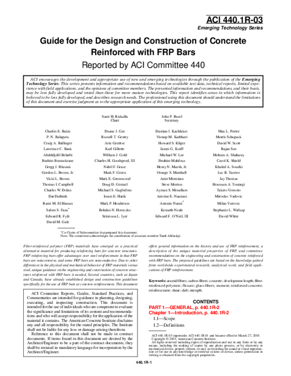 (PDF) Guide for the Design and Construction of Concrete Reinforced with FRP Bars ACI 440 . 1 R ...
