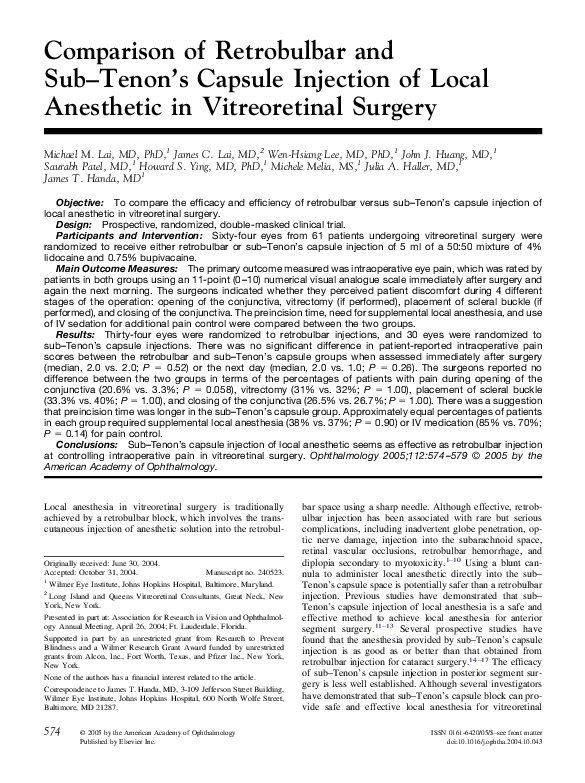 (PDF) Comparison of Retrobulbar and Sub-Tenon's Capsule Injection of ...