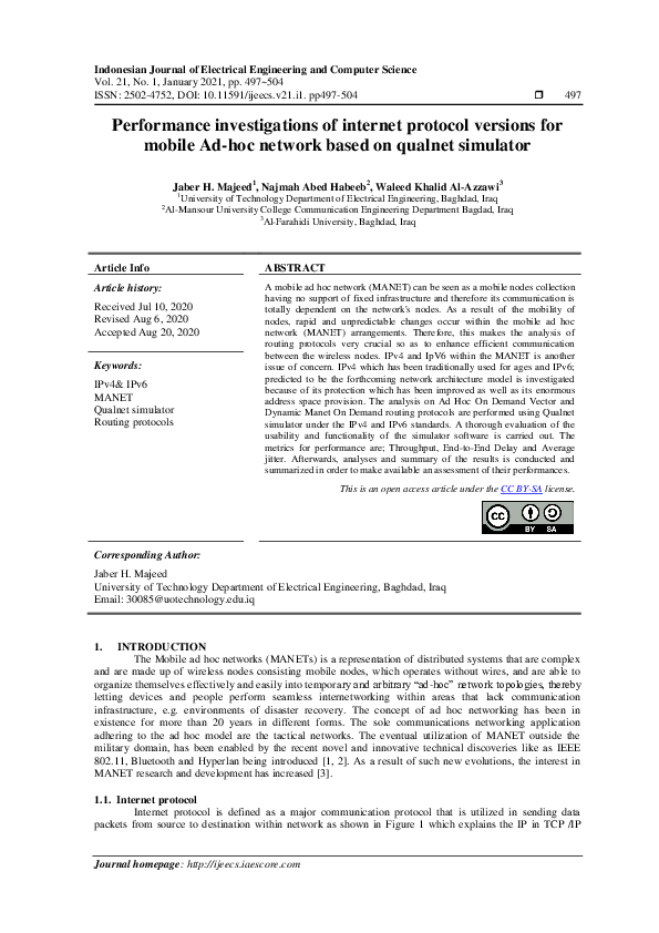 Pdf Performance Investigations Of Internet Protocol Versions For Mobile Ad Hoc Network Based