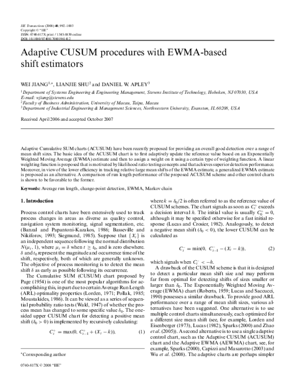 (PDF) Adaptive CUSUM procedures with EWMA-based shift estimators