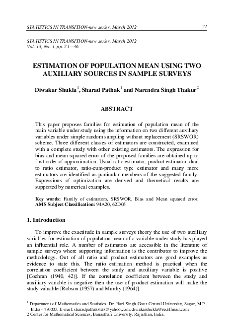 Pdf Estimation Of Population Mean Using Two Auxiliary Sources In
