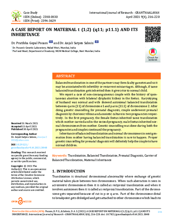 (PDF) A CASE REPORT ON MATERNAL t (1;2) (q11; p11.1) AND ITS INHERITANCE