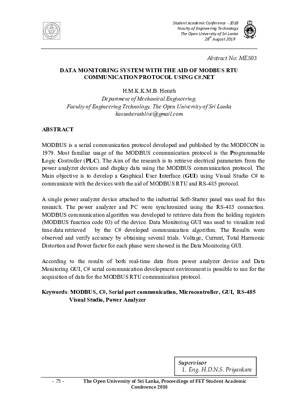 (PDF) Data Monitoring System with the Aid of MODBUS RTU Communication Protocol Using C#.Net