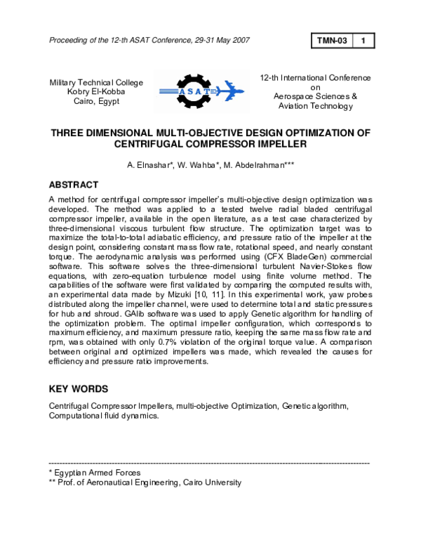 Pdf Three Dimensional Multi Objective Design Optimization Of Centrifugal Compressor Impeller